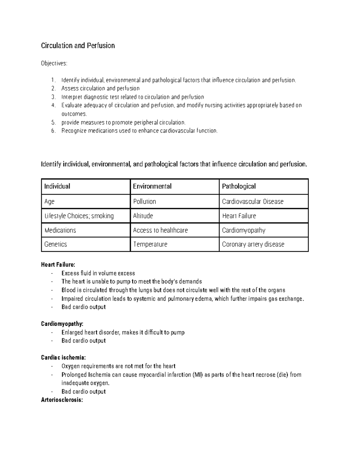 Circulation and Perfusion: Key Nursing Objectives and Assessments - Studocu