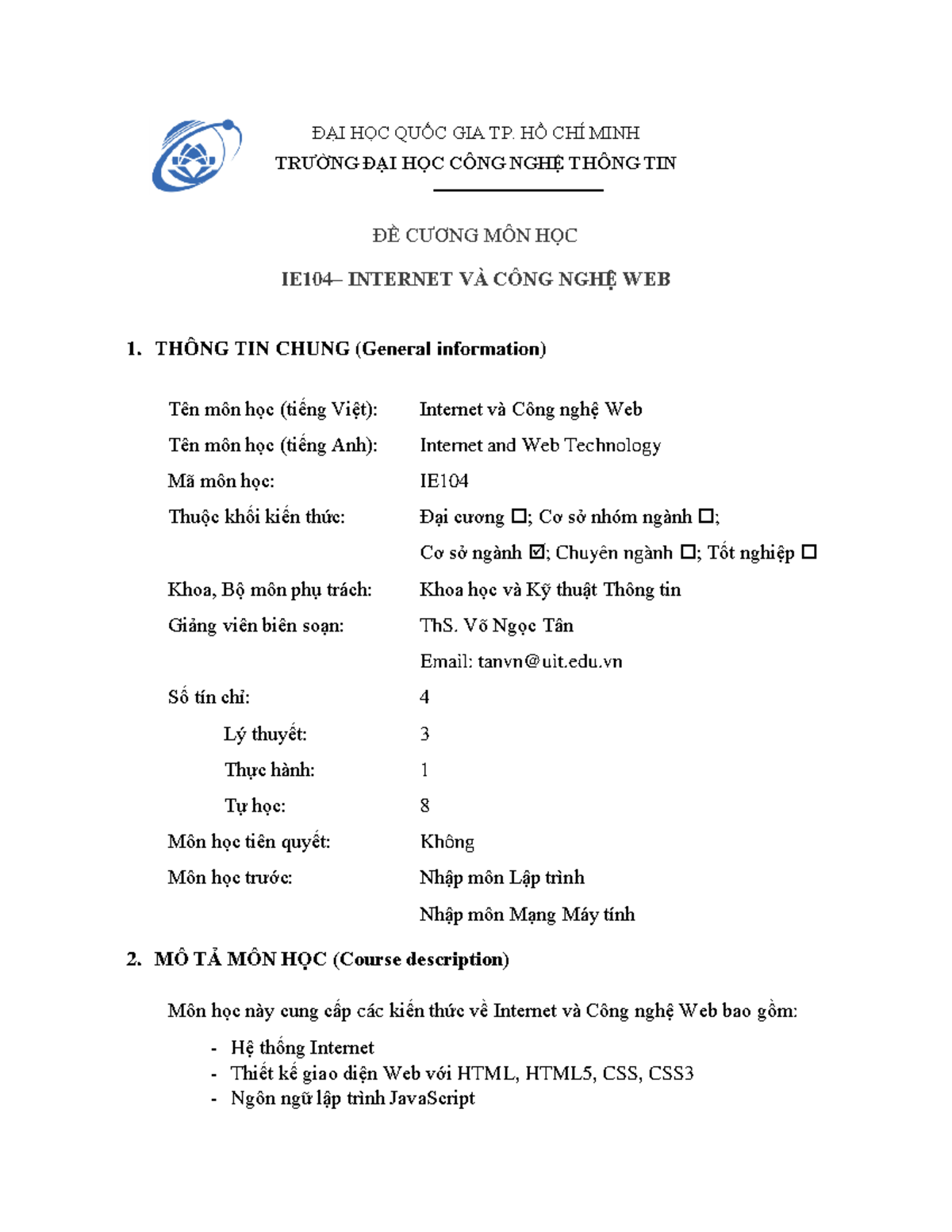 Đề cương môn học IE104: Internet và Công nghệ Web - Studocu
