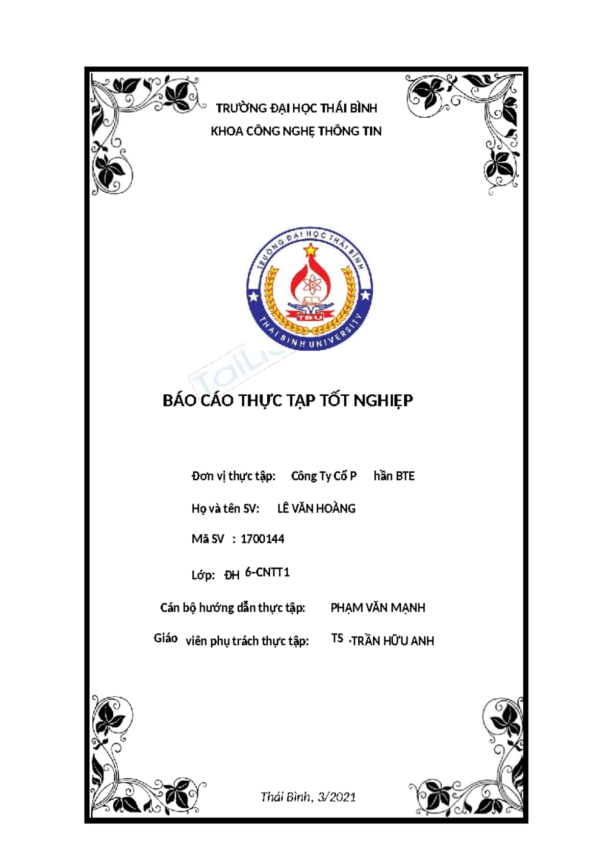BÁO CÁO THỰC TẬP TỐT NGHIỆP BTE - SV LÊ VĂN HOÀNG - Studocu