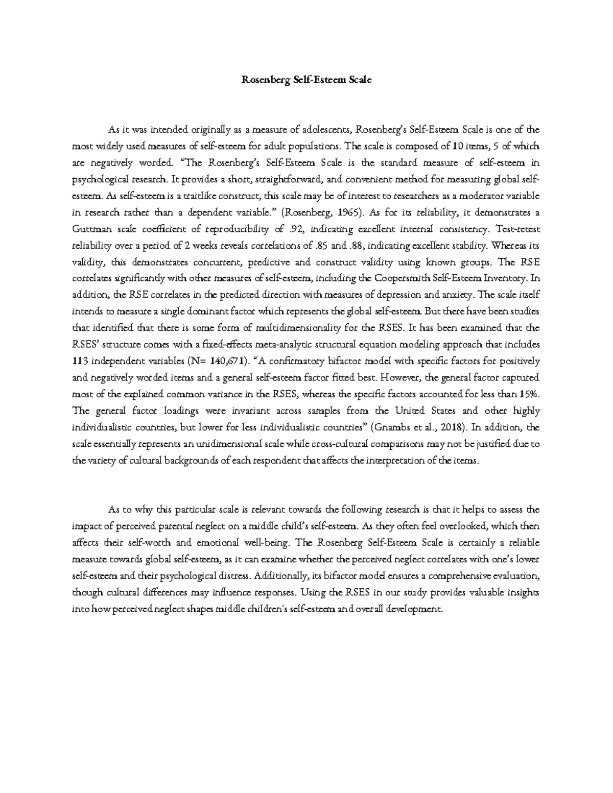 Rosenberg Self-Esteem Scale (RSES): Analysis of Impact on Middle ...