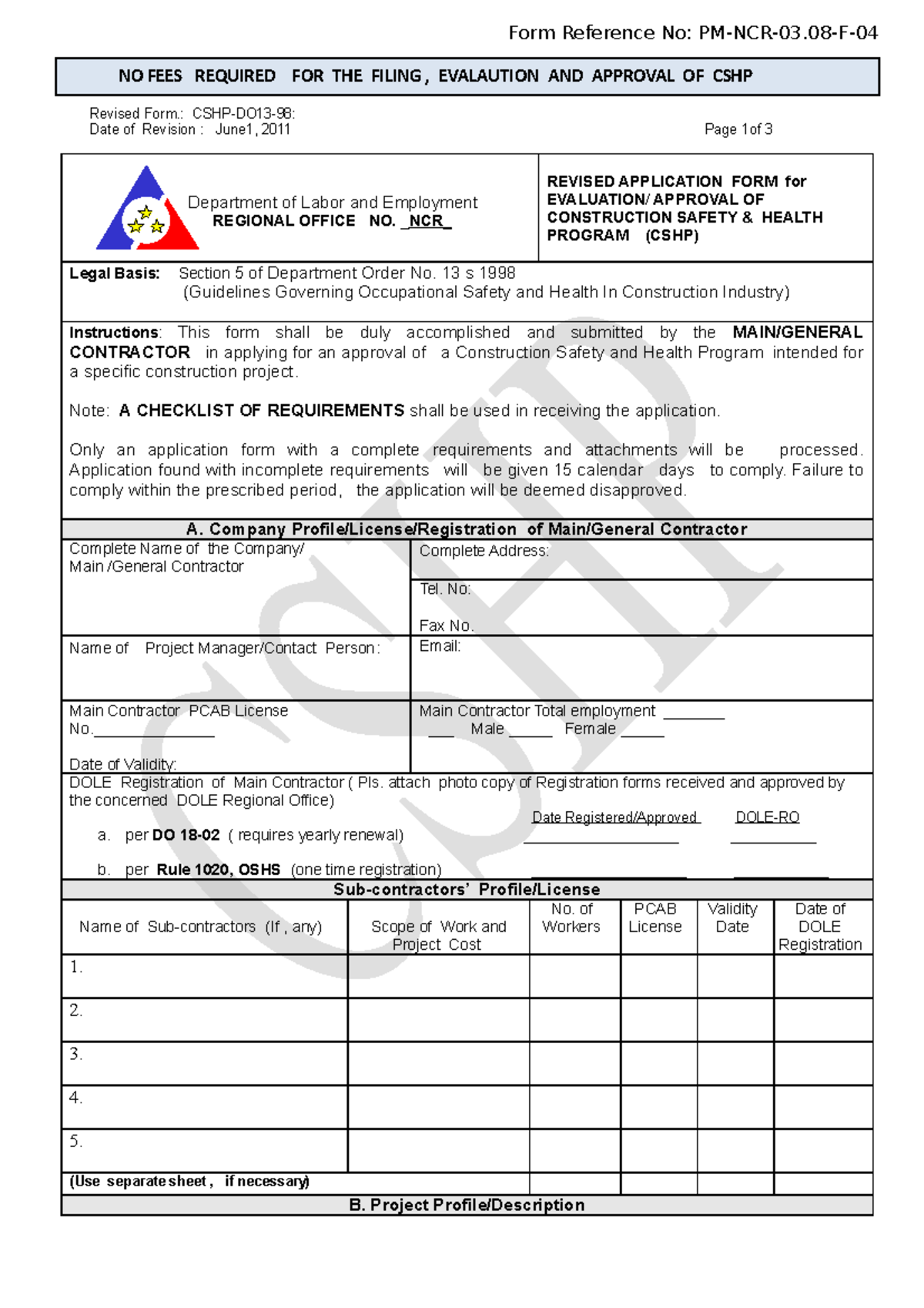 Revised CSHP Application Form for Evaluation/Approval PM-NCR-03.08 ...