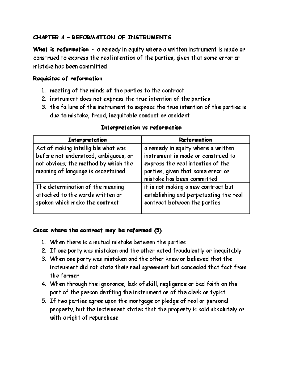 Oblicon: Chapter 4 - Reformation and Interpretation of Contracts - Studocu