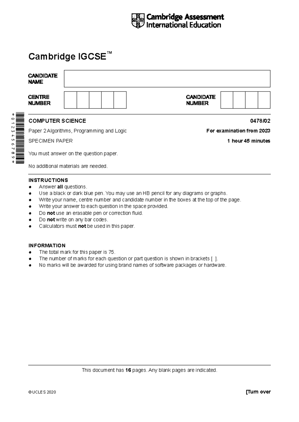 Cambridge COMPUTER Paper 2 Algorithms & Programming Specimen 2023 - Studocu