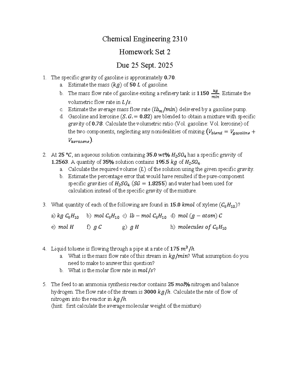CHE2310 Homework Set 2 - Chemical Engineering Problems - Studocu