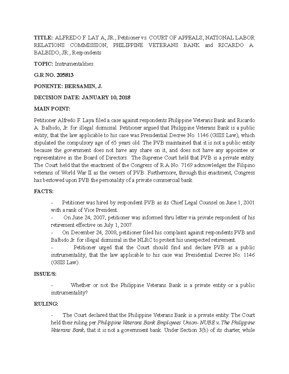 Alfredo F. Laya, Jr. vs. PVB: G.R. No. 205813 Decision Analysis - Studocu