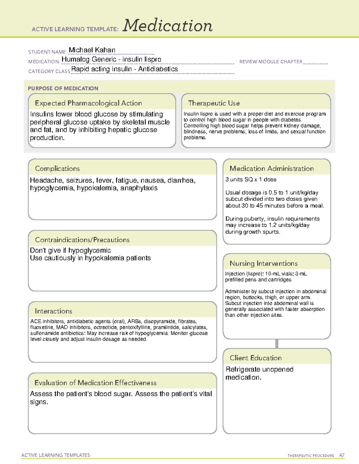 Humalog (Insulin Lispro) - ATI Active Learning Template - Studocu