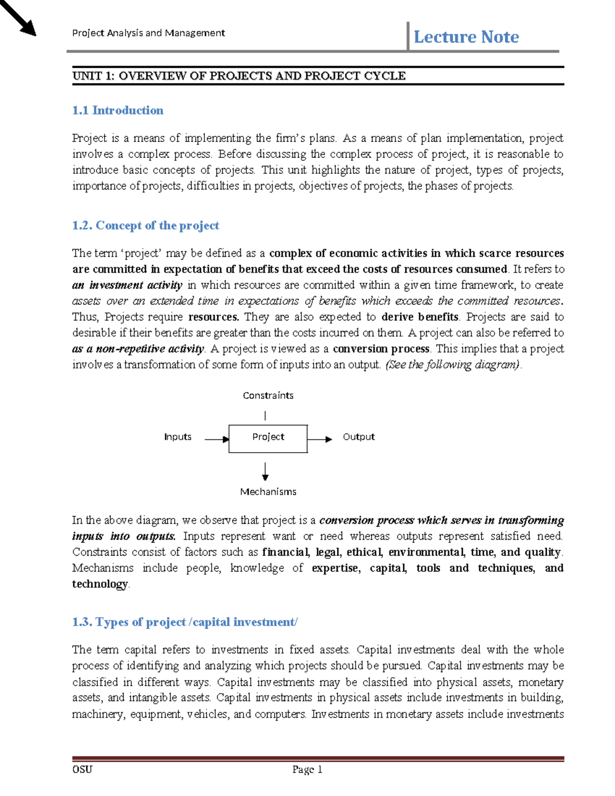 Project handout revised - Lecture Note UNIT 1: OVERVIEW OF PROJECTS AND ...