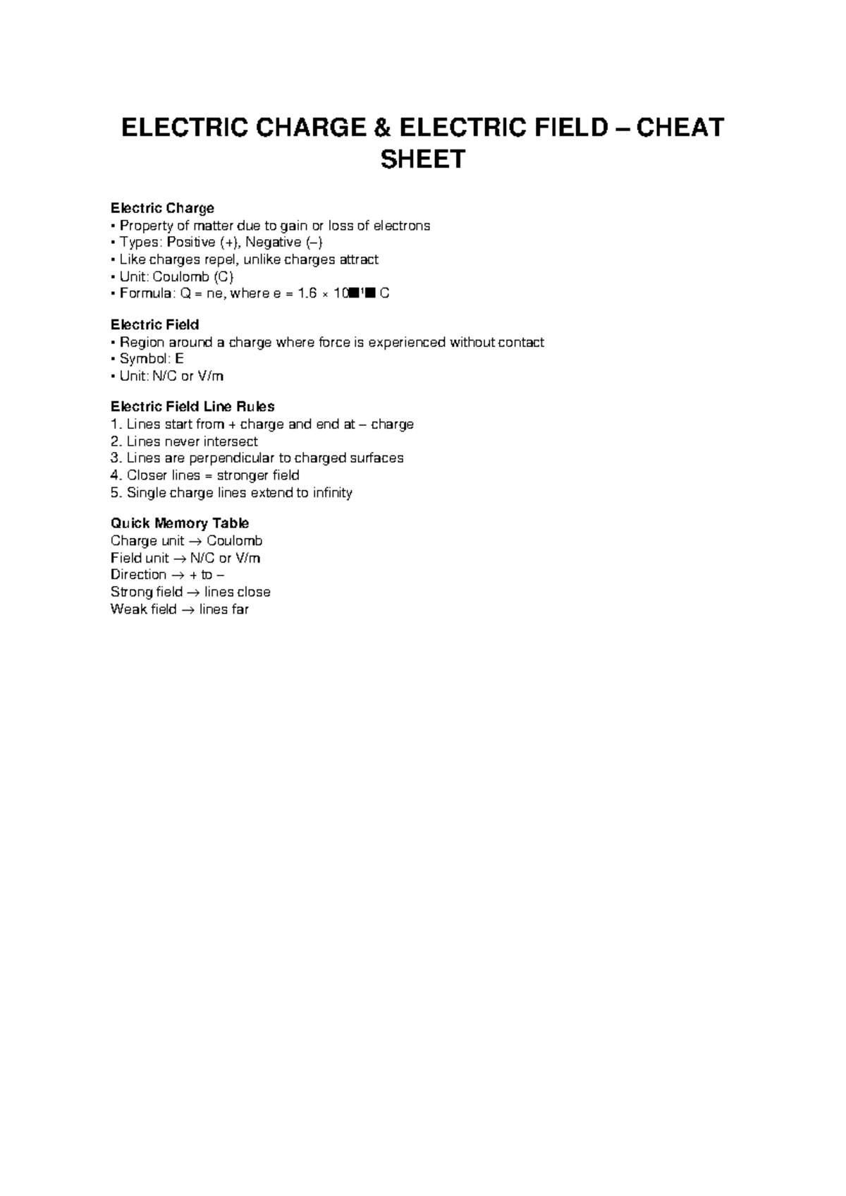 ELECTRIC CHARGE & FIELD CHEAT SHEET (PHYS 101) - Studocu