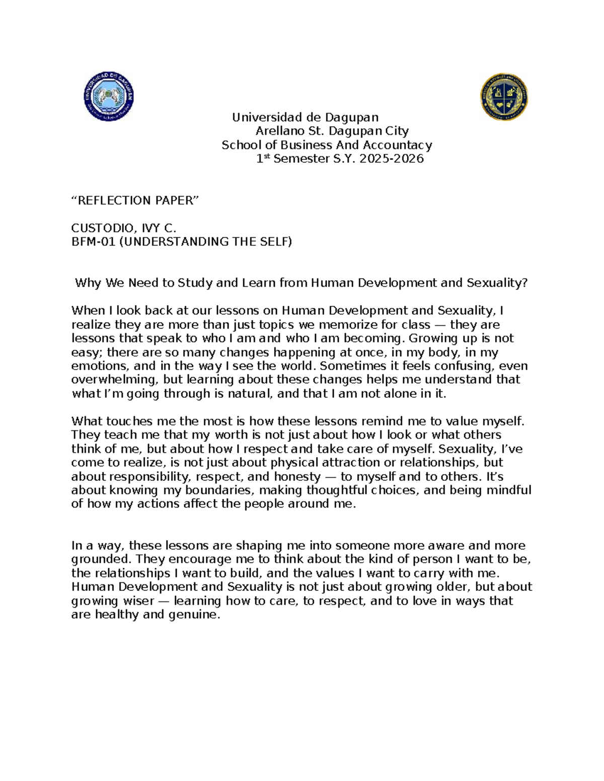 CUSTODIO, IVY C. - Reflection on Human Development & Sexuality - Studocu