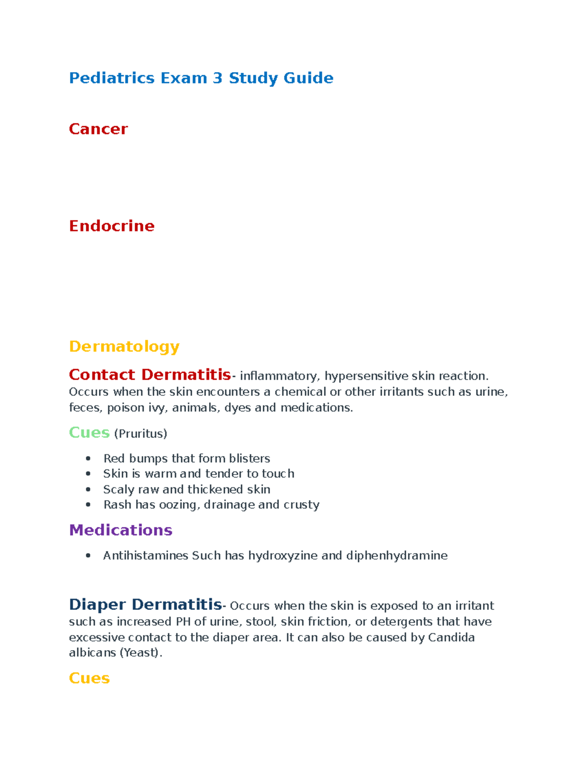 Pediatrics Exam 3 Study Guide: Cancer, Endocrine, & Skin Disorders ...
