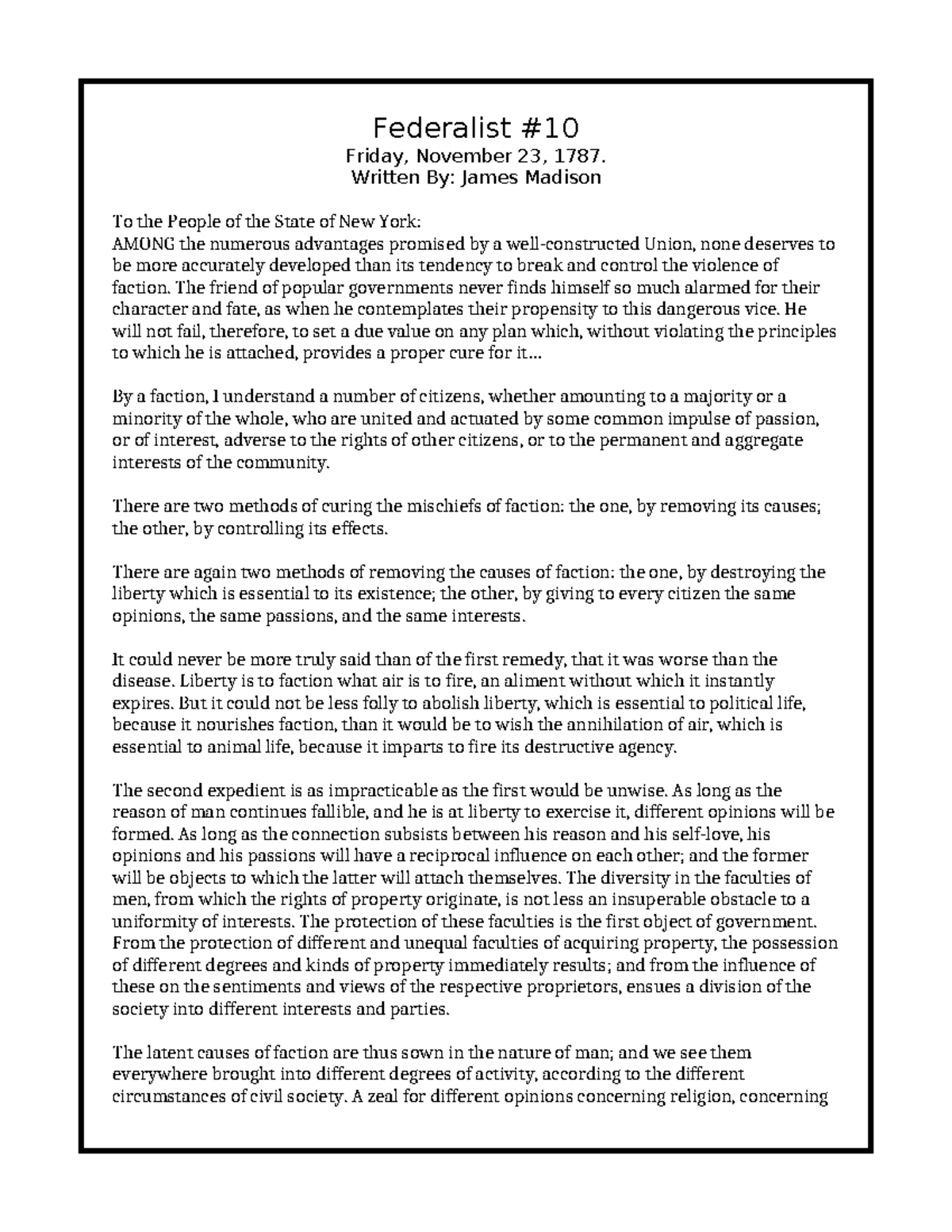 Excerpts from Federalist Papers 10, 51, 78: Analysis and Insights - Studocu