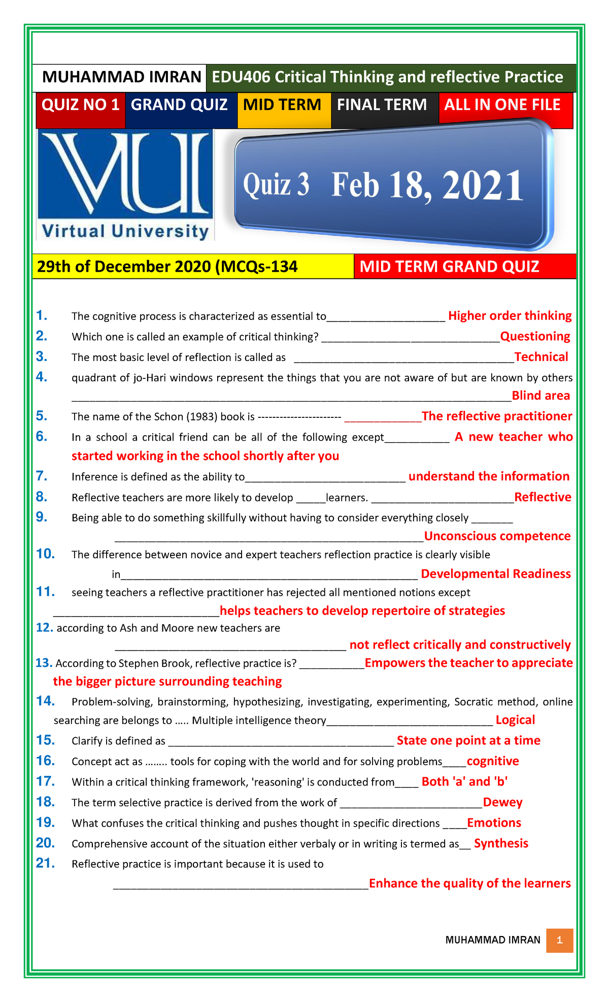 EDU406 Critical Thinking & Reflective Practice: All-in-One Midterm Quiz ...