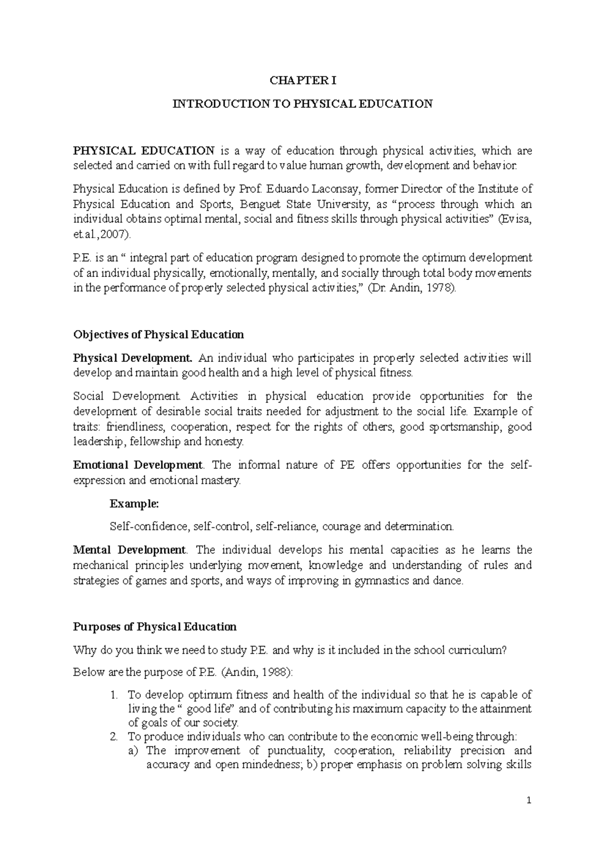 Introduction to Physical Education - CHAPTER I INTRODUCTION TO PHYSICAL ...