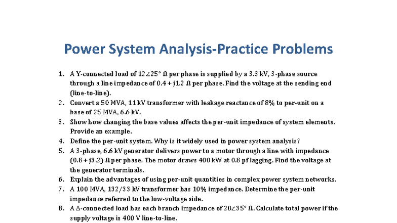 Power System Analysis (PSA): Practice Problems and Solutions - Studocu