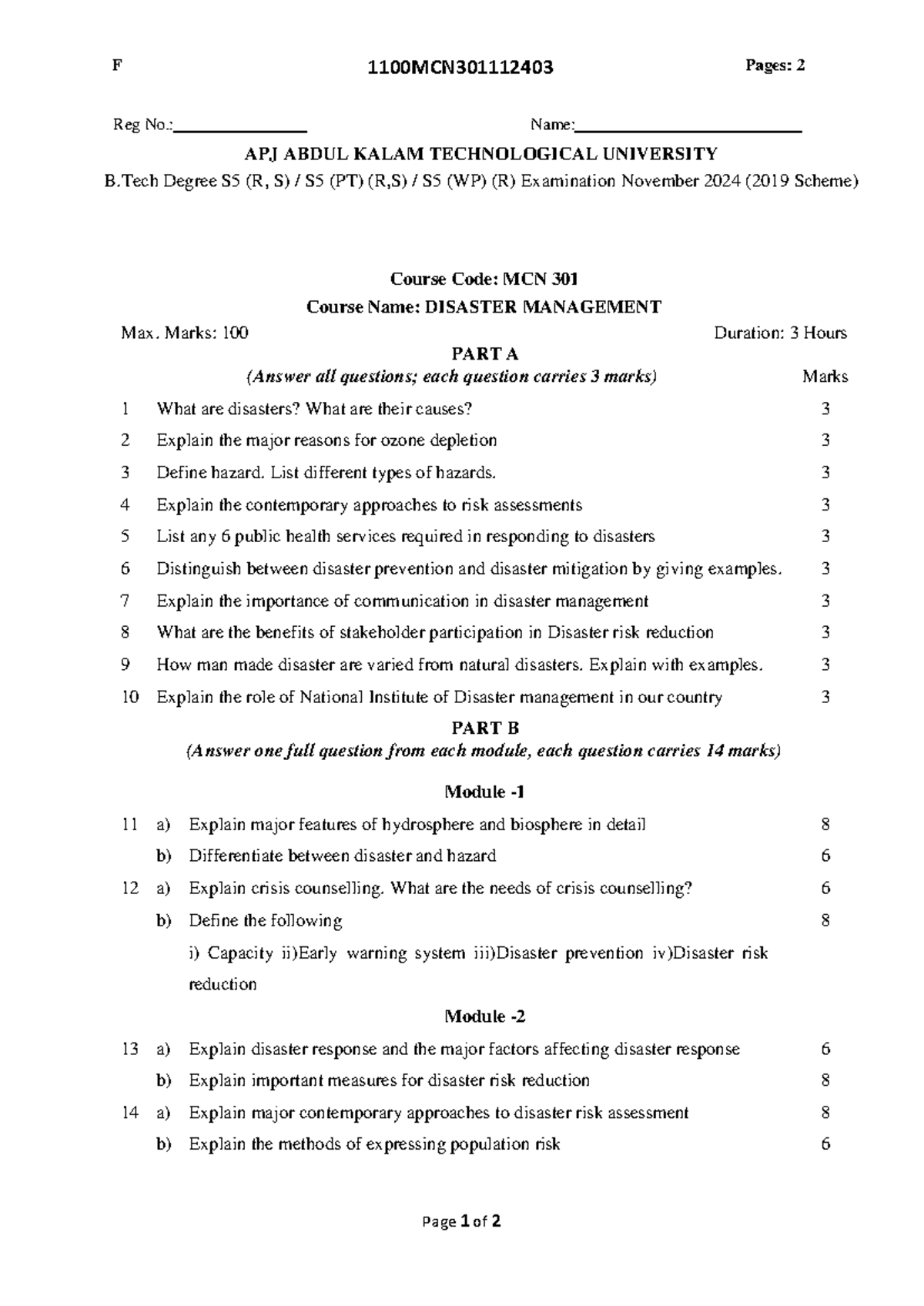 MCN 301 - Disaster Management Exam Questions (Nov 2024) - Studocu