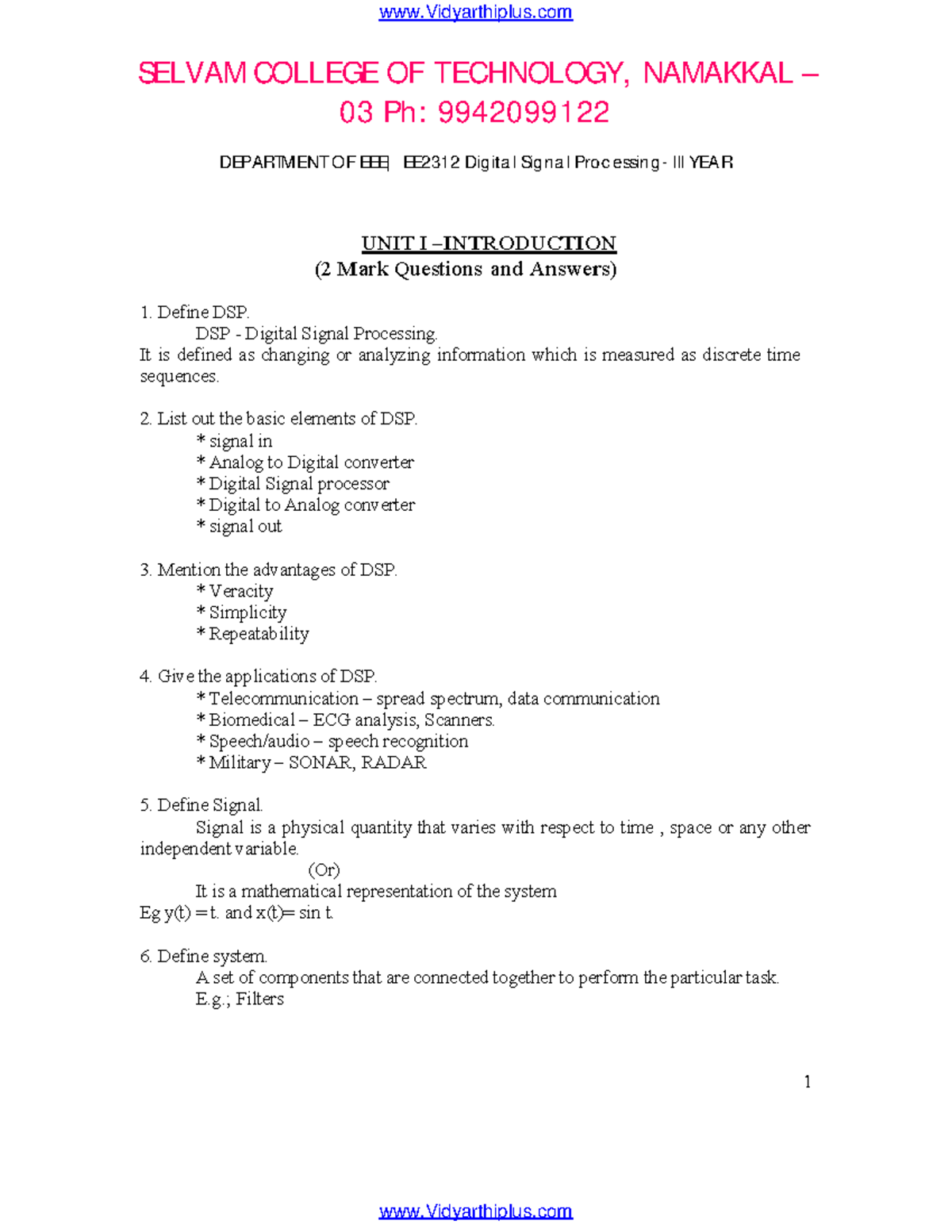 EC2314 Digital Signal Processing: Unit I & II 2 Mark Q&A - Studocu