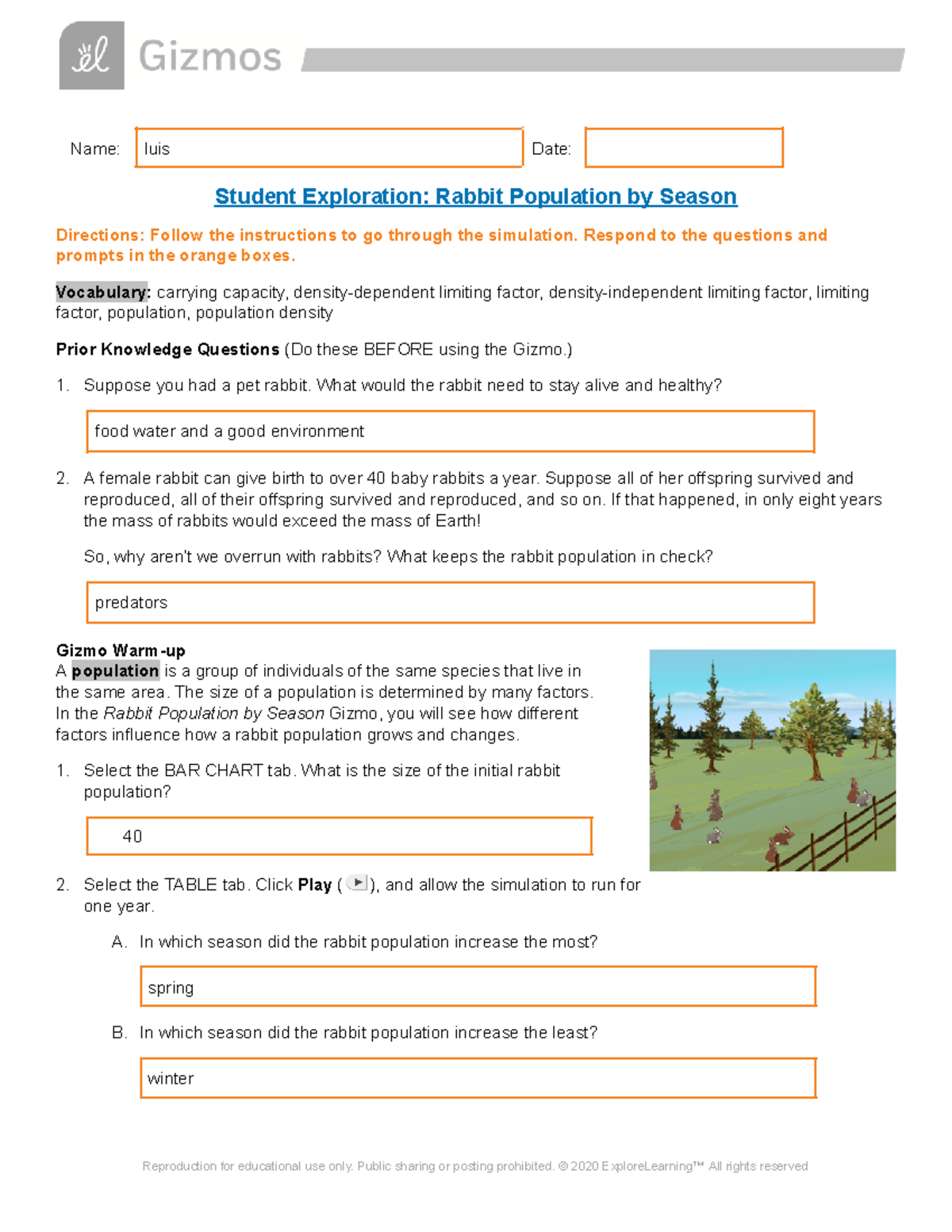 Rabbit Population Gizmo - Name: luis Date: Student Exploration: Rabbit ...