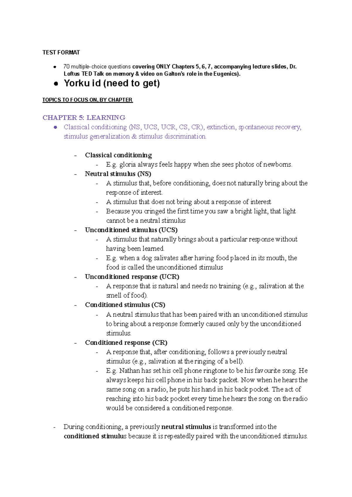 PSYC1010 TEST #2 — Key Topics from Chapters 5, 6, 7 and Lectures - Studocu