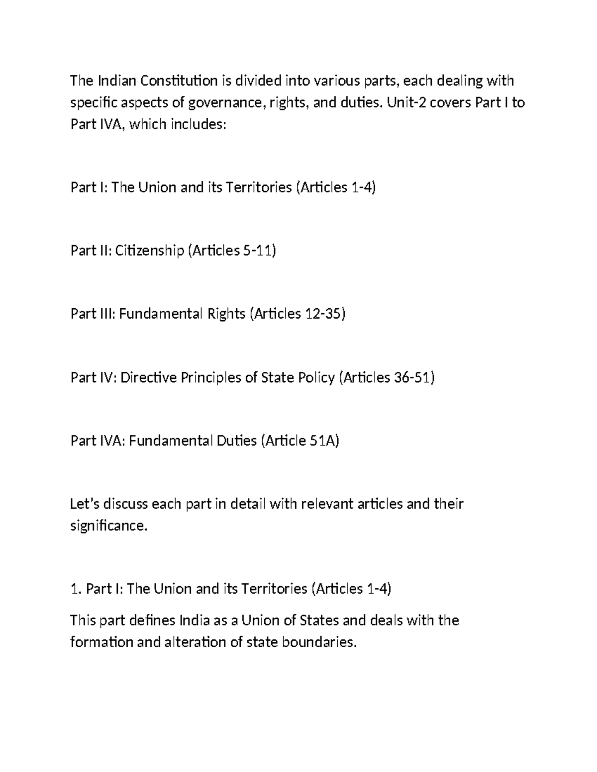 Constitution of India - Detailed Notes on Parts I to IVA - Studocu