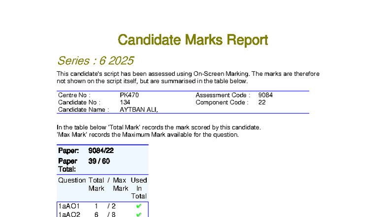 Candidate Marks Report: PK470 9084 - Aytban Ali (June 2025) - Studocu