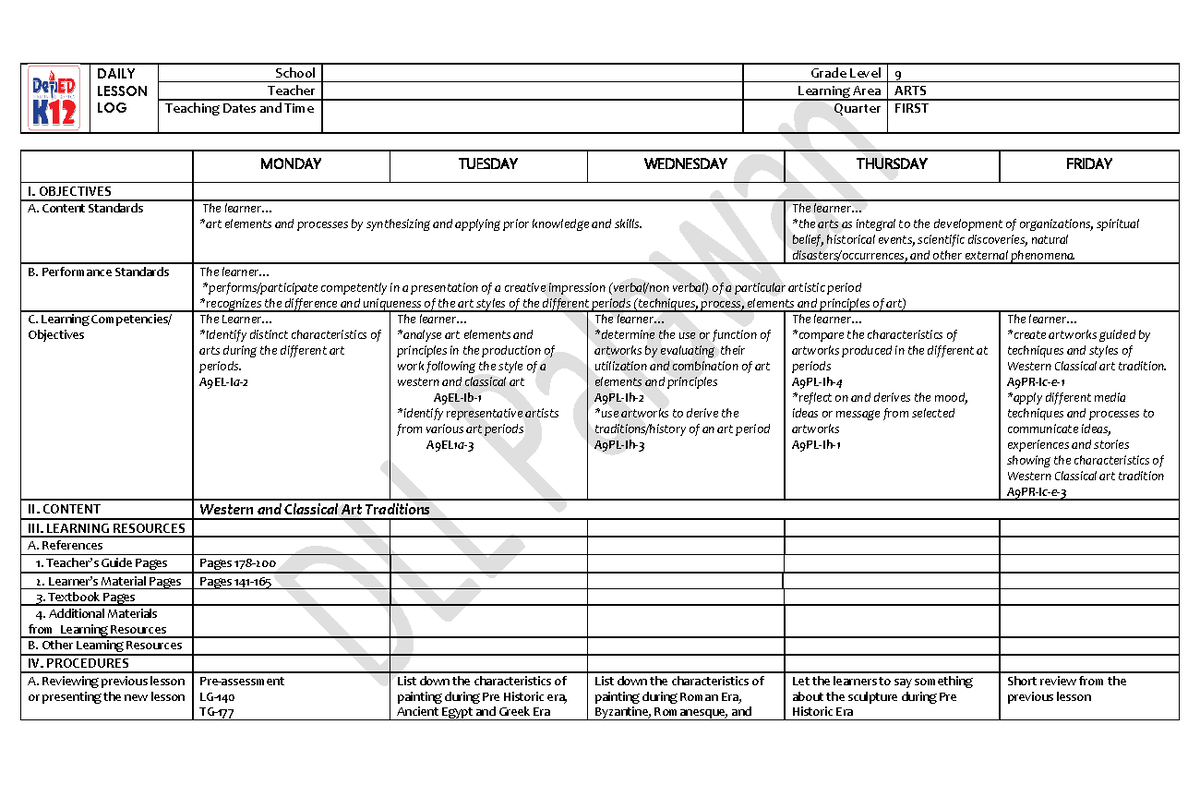 DAILY LESSON LOG: Grade 9 Arts - Quarter 1 Overview - Studocu