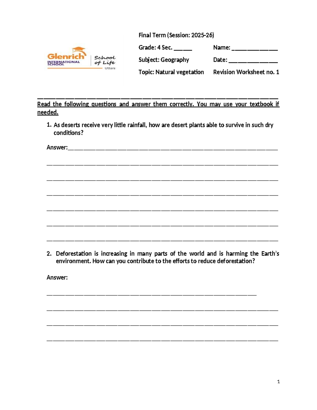 Geography Revision Worksheet 1: Natural Vegetation for Final Term - Studocu