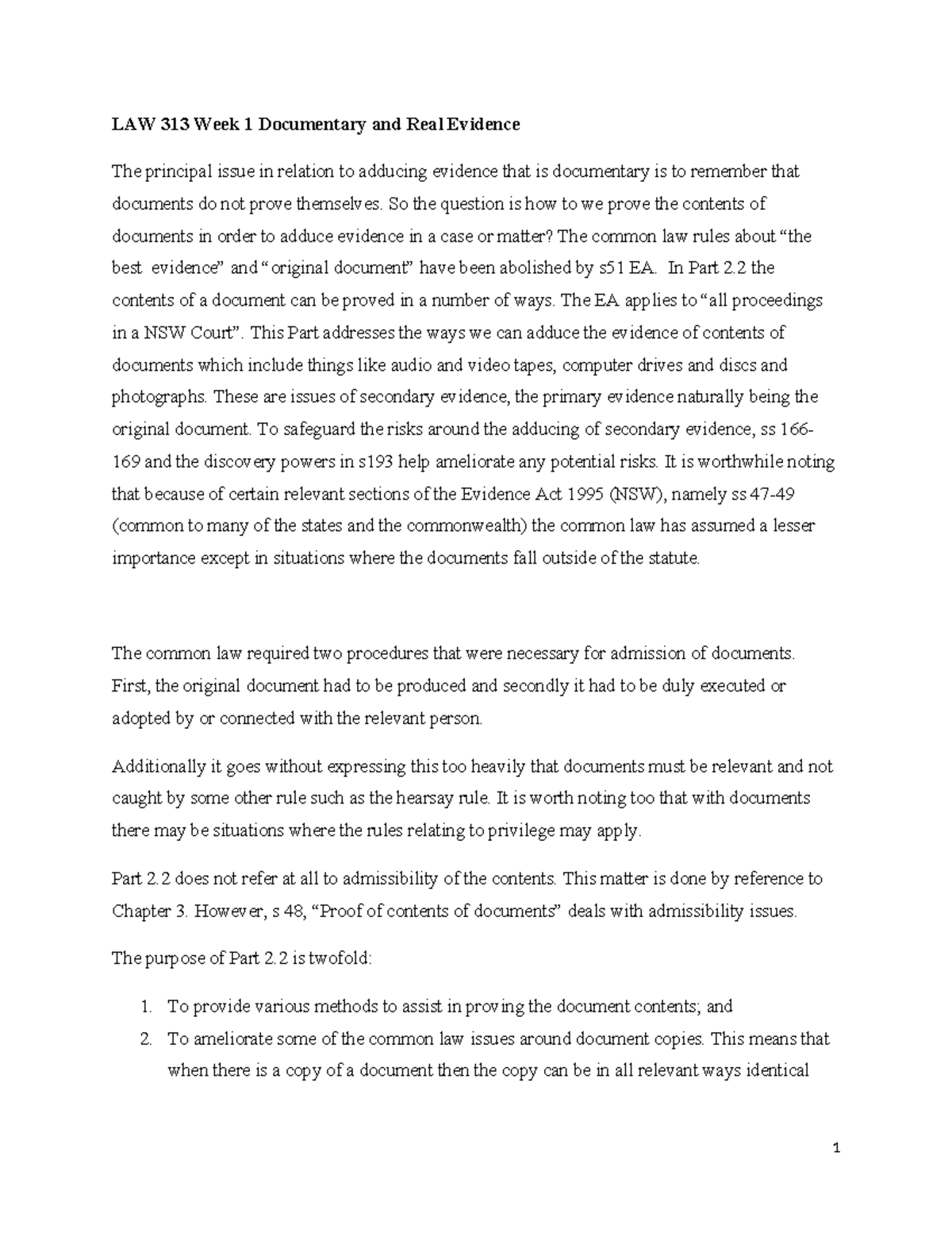 LAW 313 Week 1: Understanding Documentary and Real Evidence Principles ...