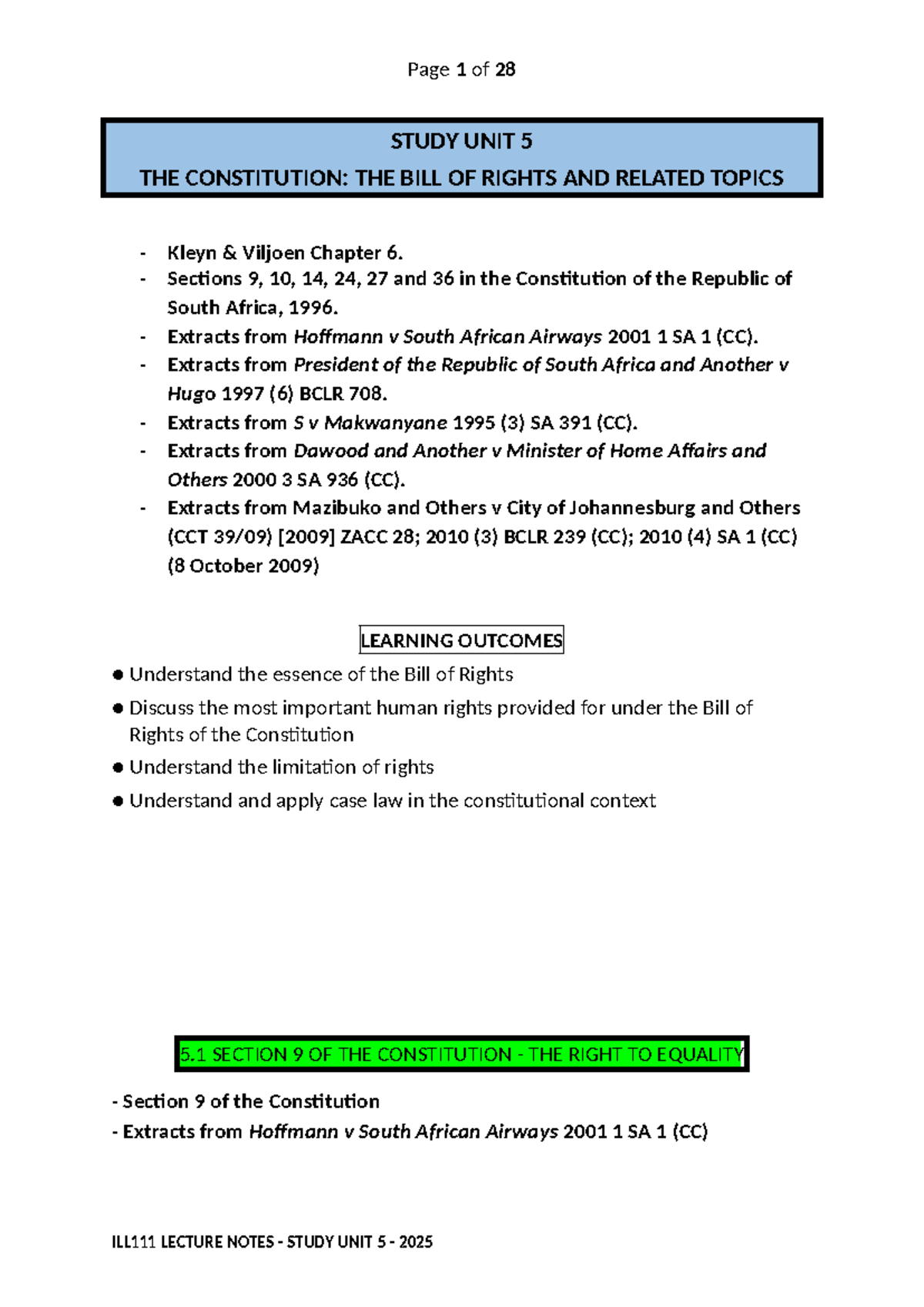 Lecture Notes 5: The Constitution, Bill of Rights & Key Cases (LAW 101 ...