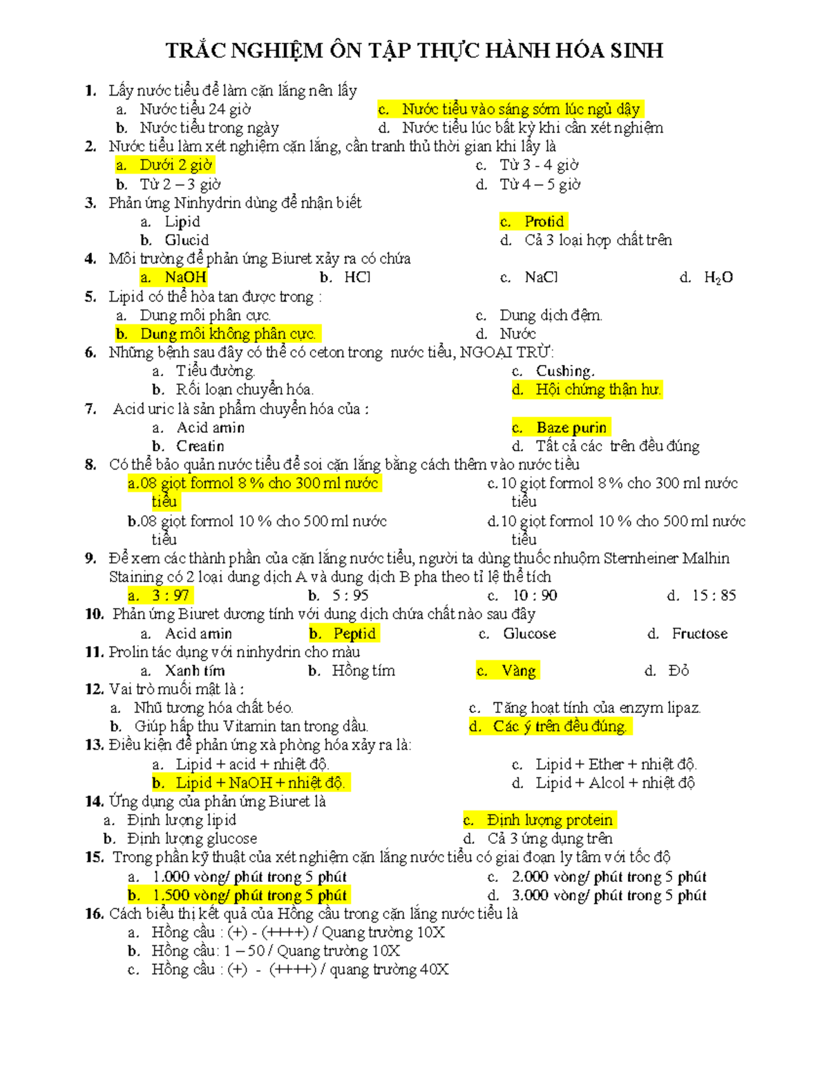 MCQ ÔN TẬP THỰC HÀNH HÓA SINH - MCQ TT Hóa Sinh - Studocu