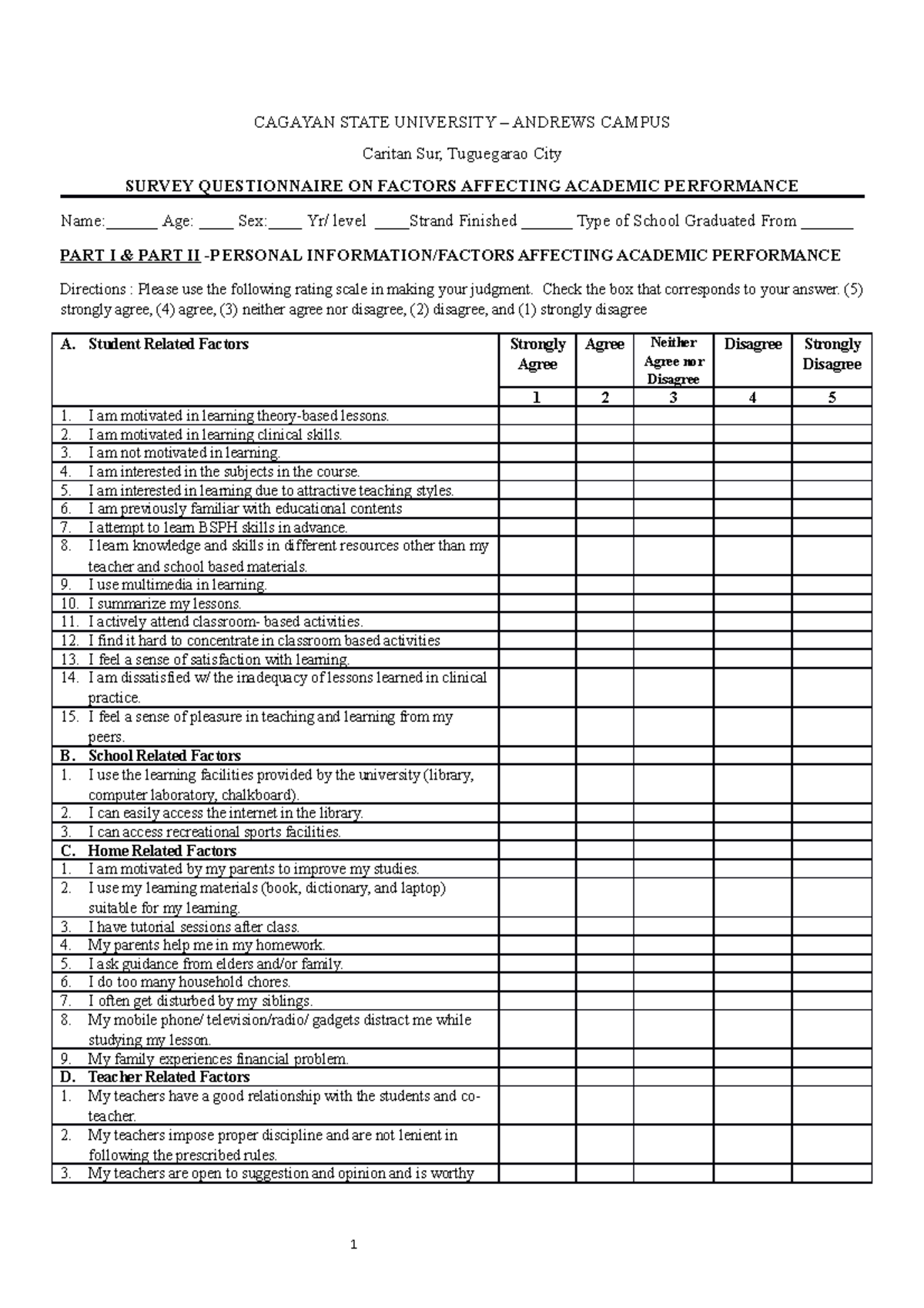 Research Questionnaire for factors associated with academic performance ...