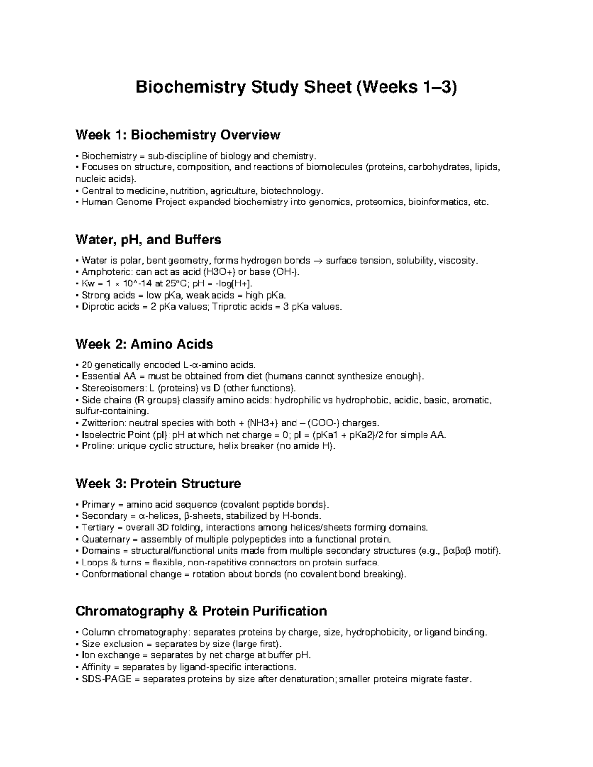 Biochemistry Study Sheet (Weeks 1-3): Overview & Key Concepts - Studocu