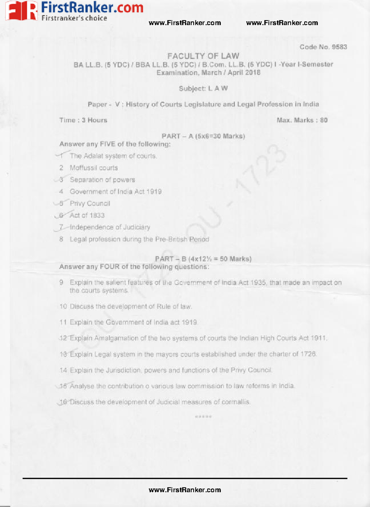 LAW Paper V: History of Courts & Legal Profession in India - Exam 2018 ...