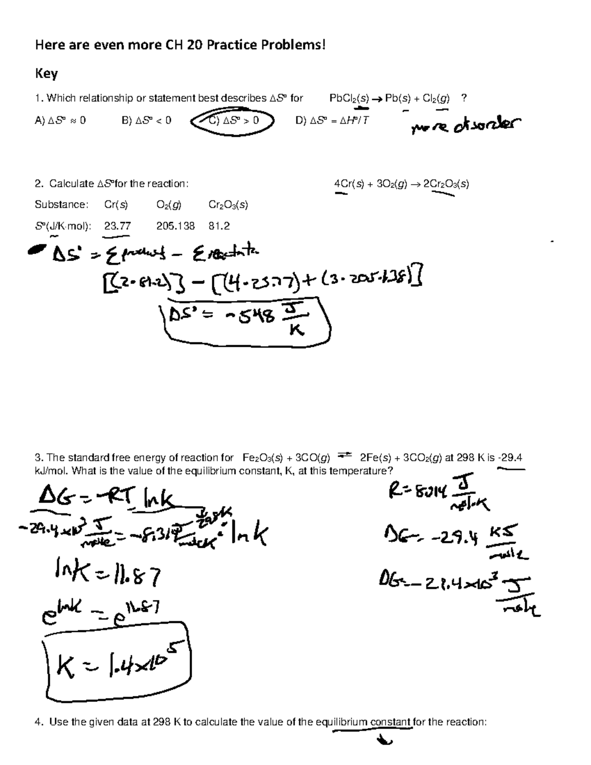 Additional Problem Set 11 - KEY - Here are even more CH 20 Practice Problems! Key Which ...