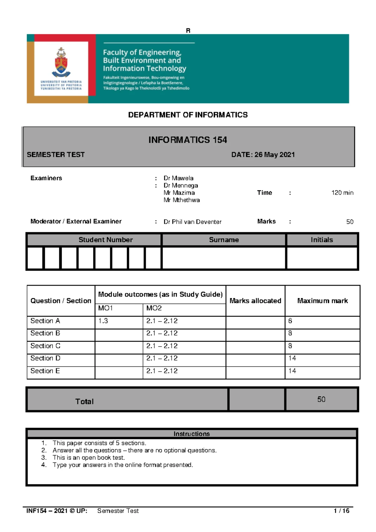 Practice Semester Test 1 question paper/memo - FACULTY OF ENGINEERING ...
