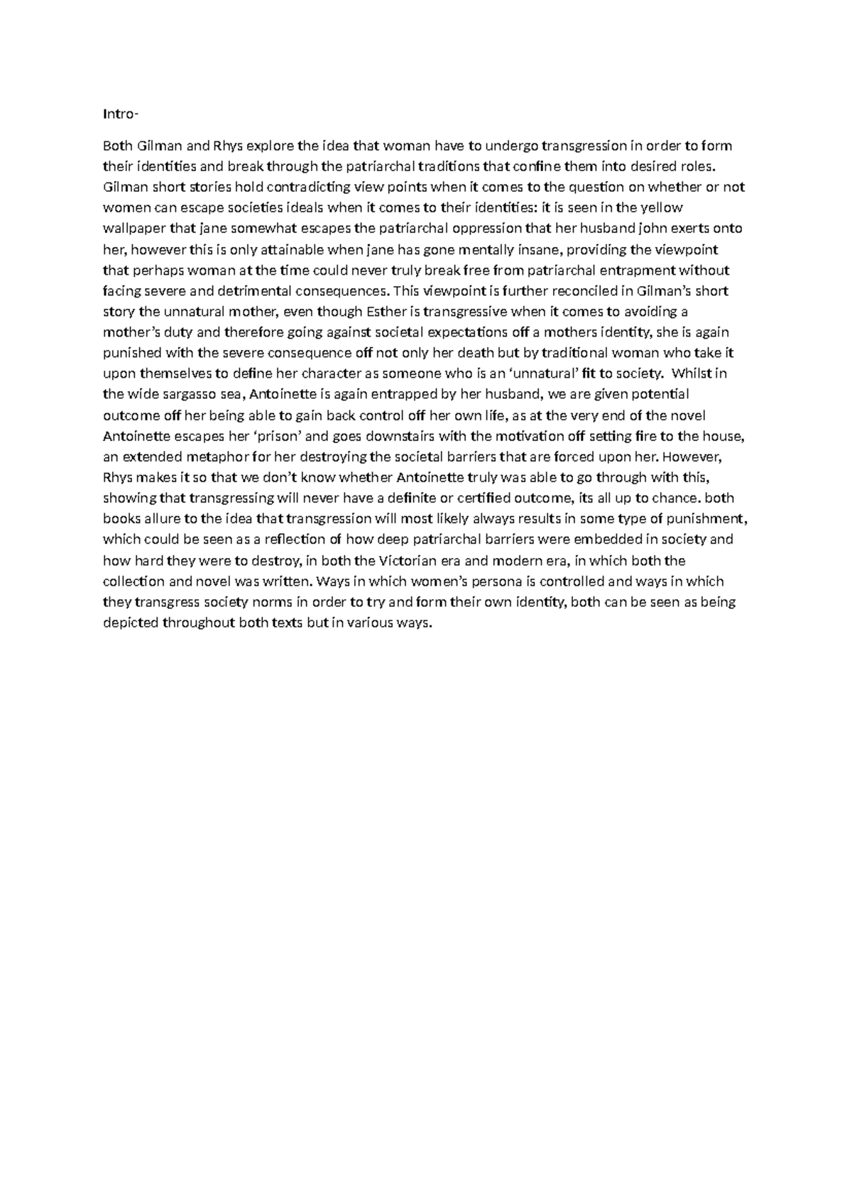 Nea intro - neas - Intro- Both Gilman and Rhys explore the idea that ...