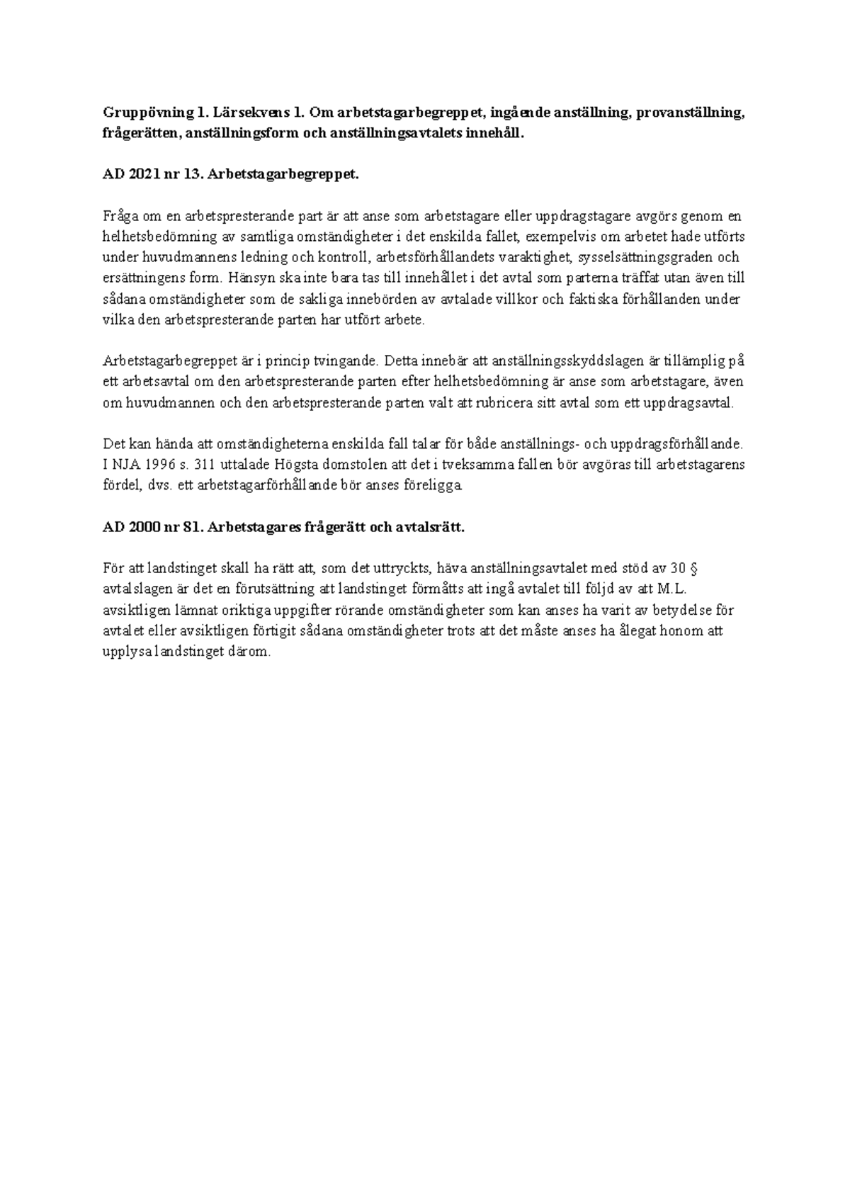 Gruppövning 1: Arbetstagarbegreppet och Anställningsformer AD 2021 ...