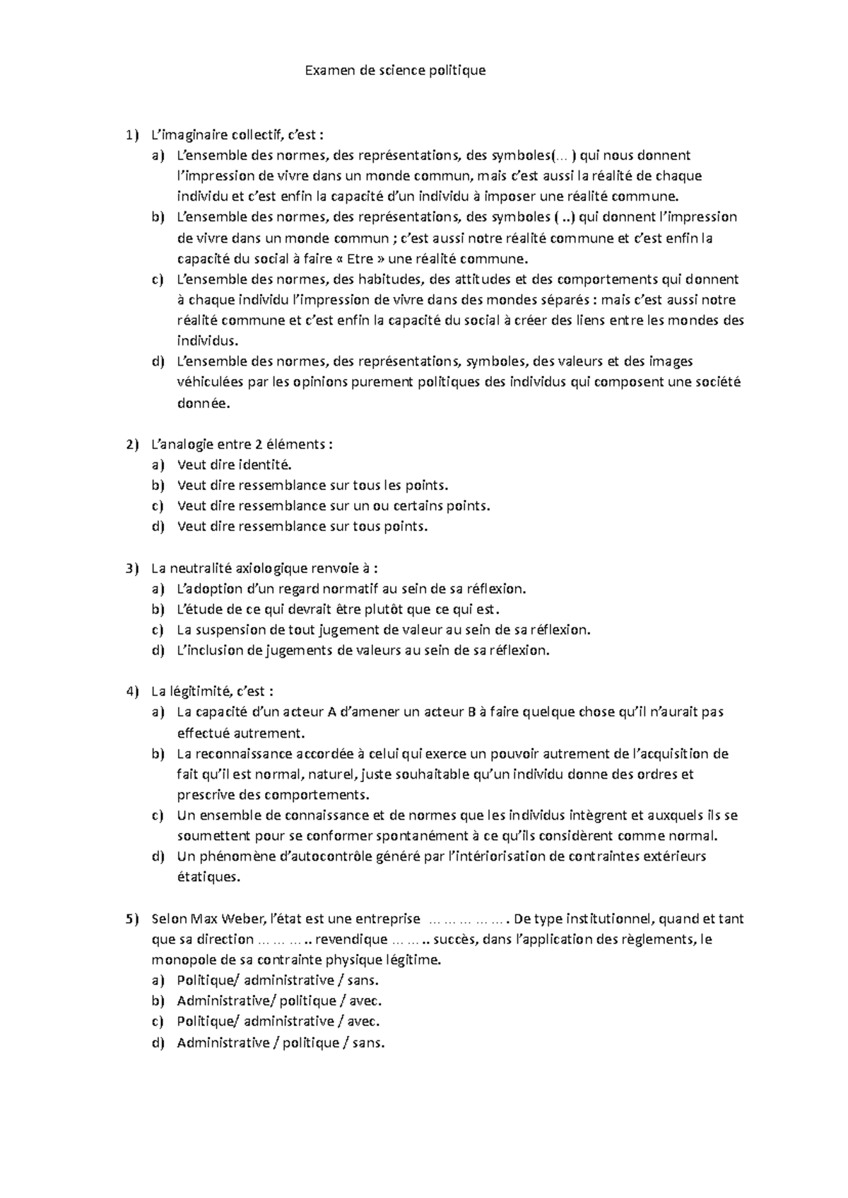 Examen de Science Politique 1 - Questions et Concepts Clés - Studocu