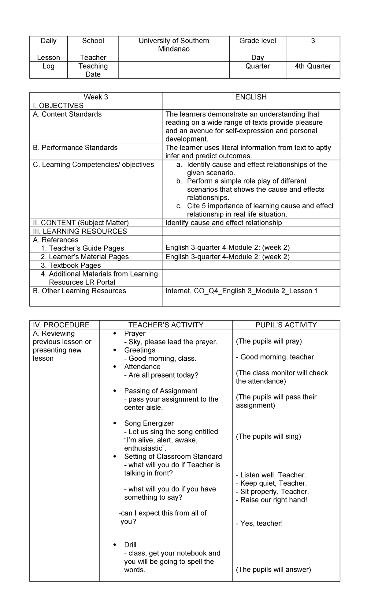 Eng LP - Week 3 Lesson Plan on Cause and Effect Relationships - Studocu