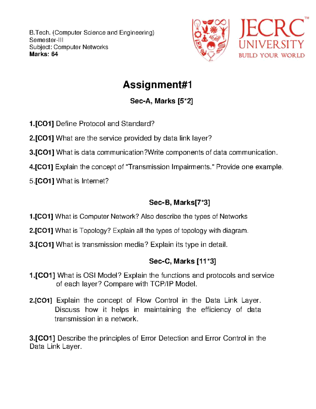 Assignment 1: Computer Networks Questions (CSE Semester-III) - Studocu