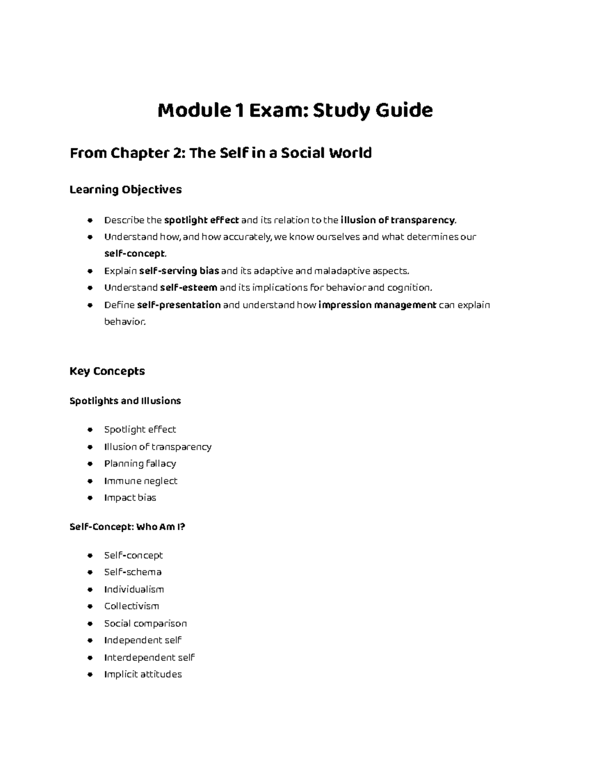 Module 1 Exam Study Guide: Self & Social Behavior Insights - Studocu