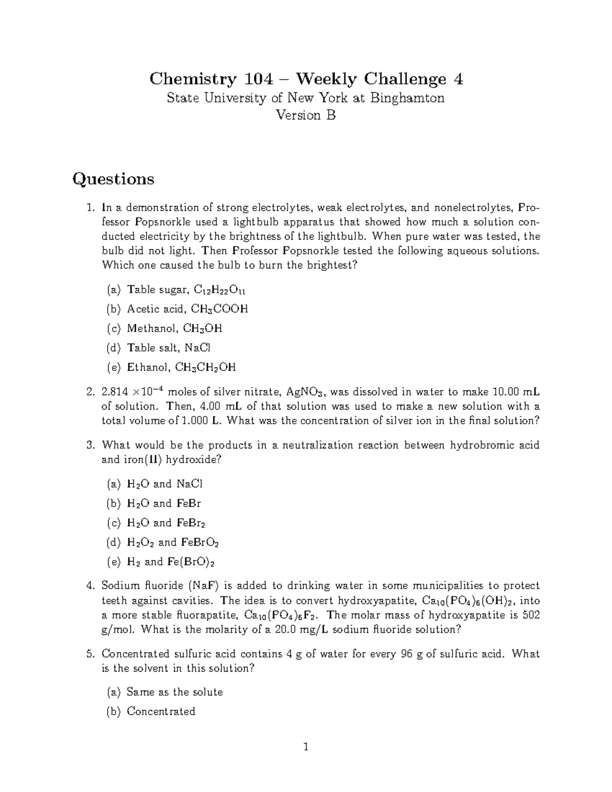 Chemistry 104 Weekly Challenge 4 - Test Questions and Solutions - Studocu