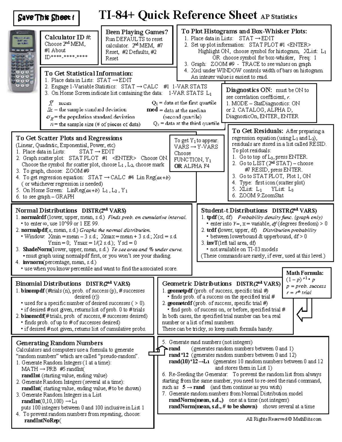 TI 84 Guide FOR Statistics - All Rights Reserved © MathBits Save This ...