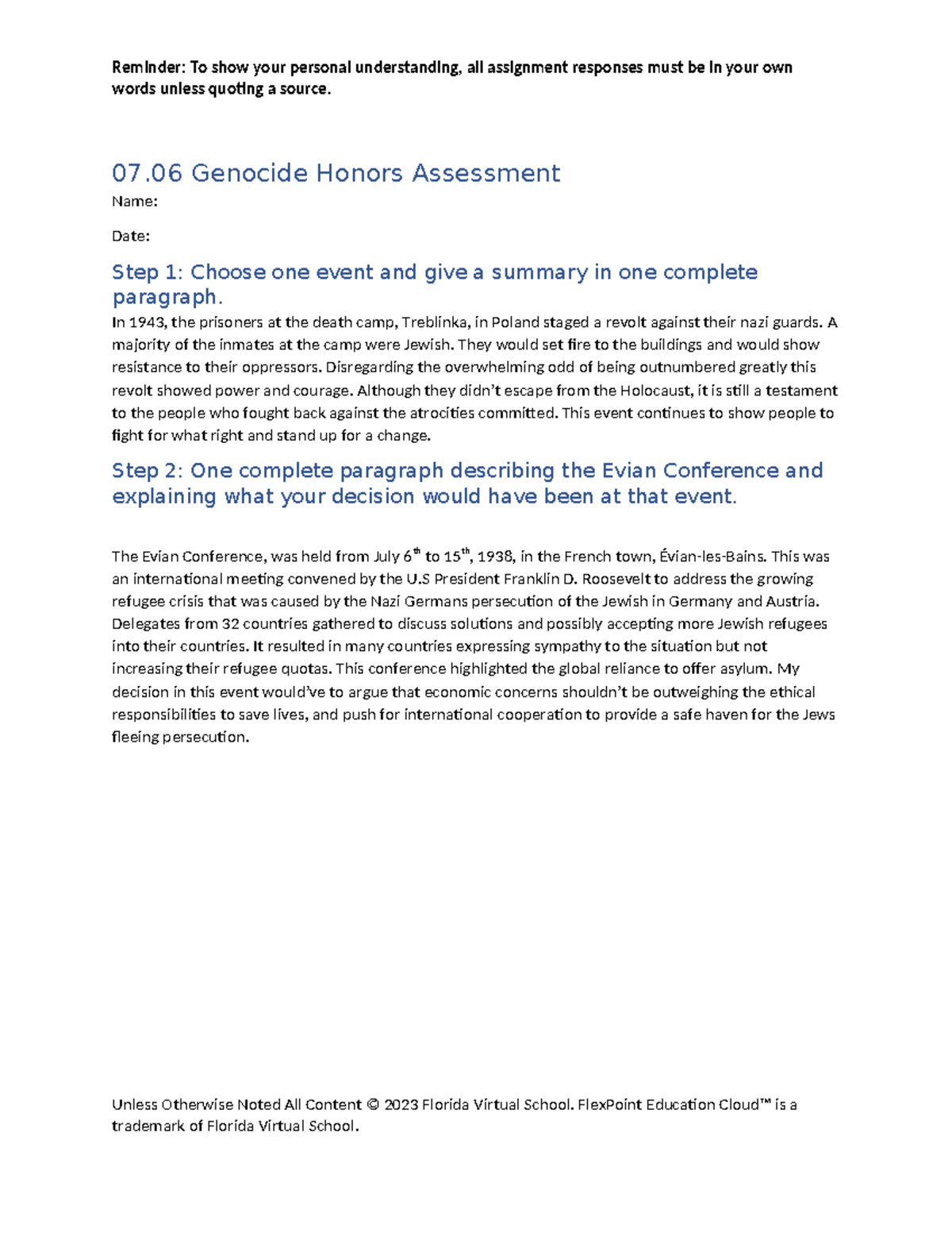 07.06 Genocide Honors Assessment: Analyzing Treblinka & Evian ...