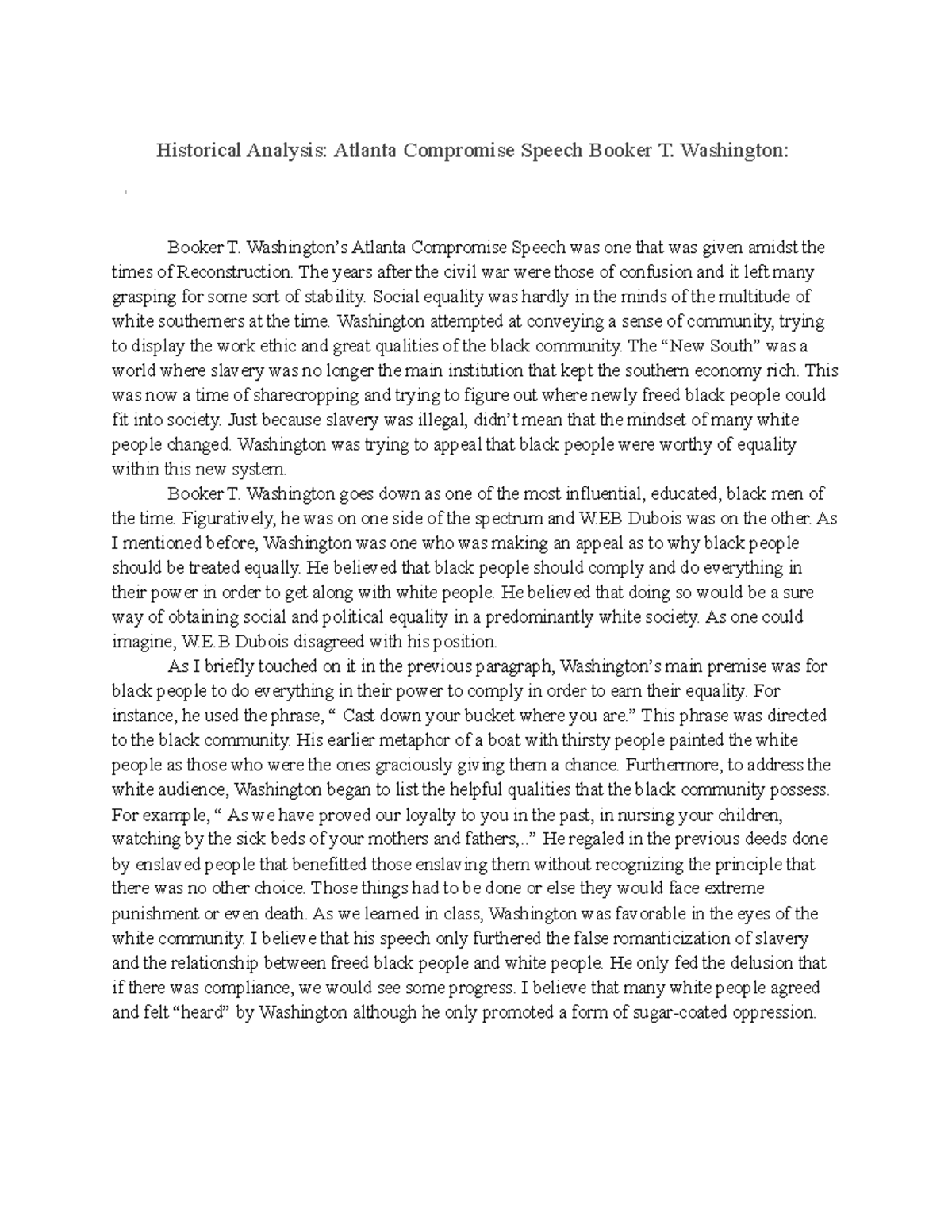 Historical Analysis: Atlanta Compromise Speech by Booker T. Washington ...