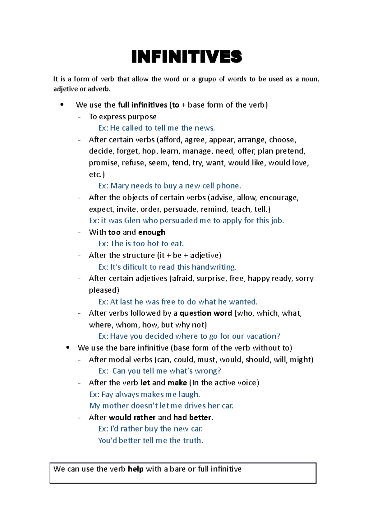 Infinitives: Understanding Their Use as Verbs in English Grammar - Studocu