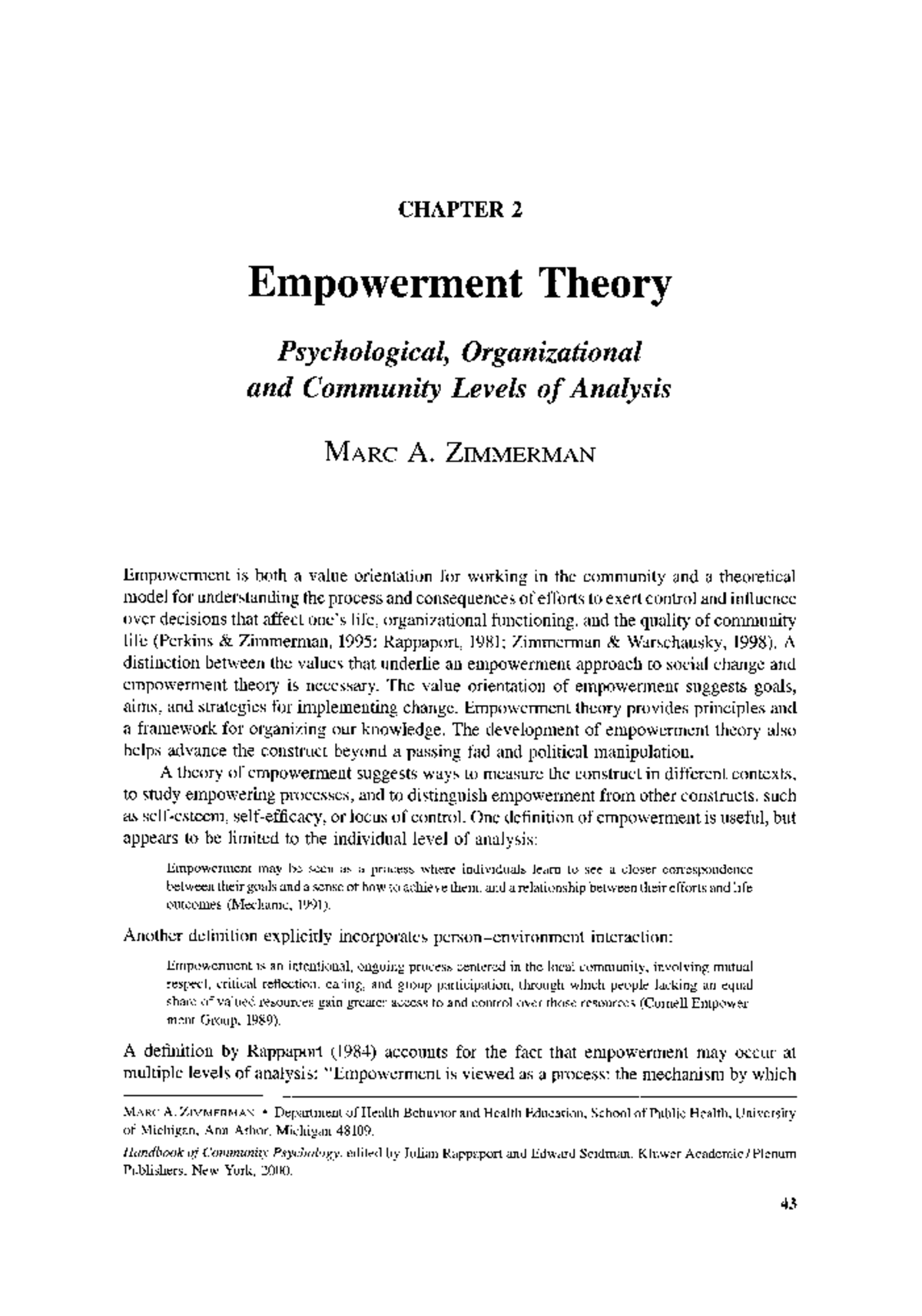 Empowerment Theory: Psychological, Organizational, and Community ...