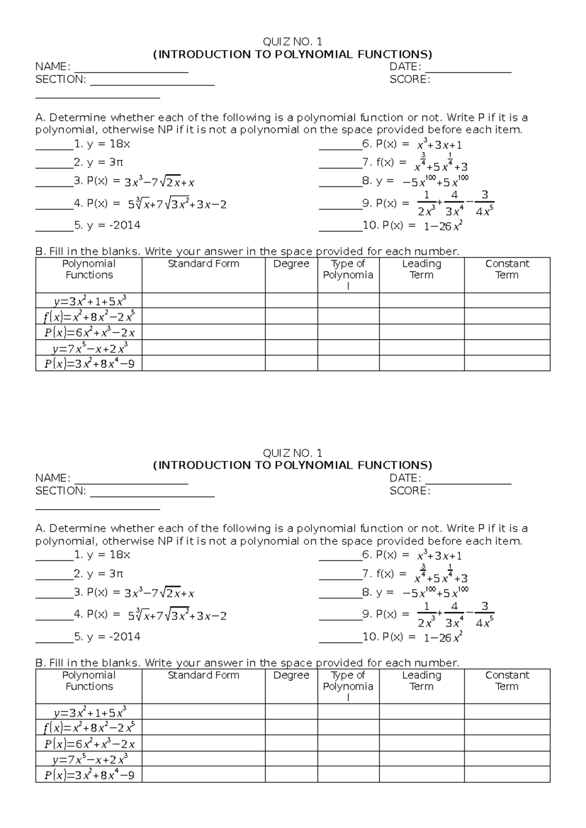 QUIZ NO 1: Introduction to Polynomial Functions Evaluation - Studocu
