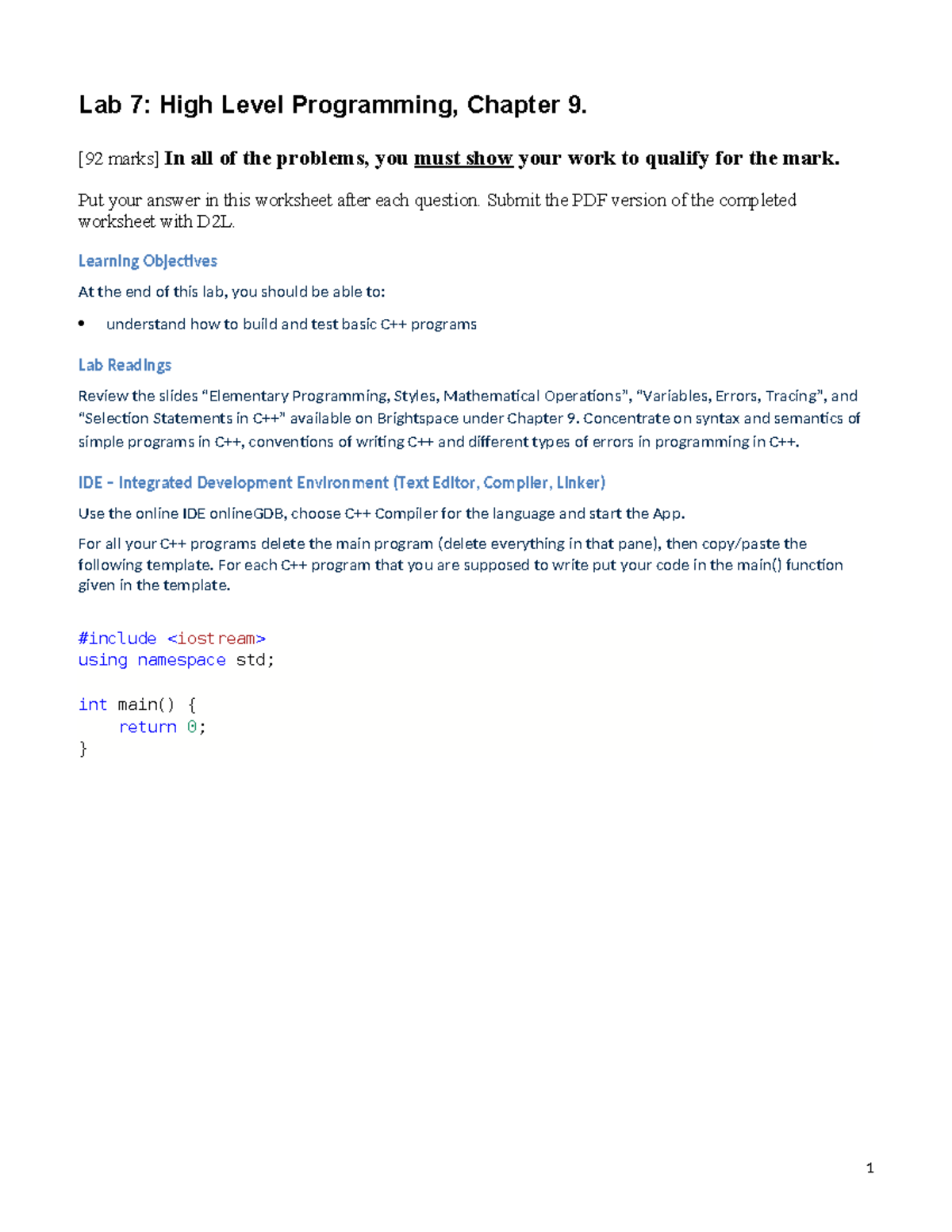 Lab 7: High Level Programming Worksheet - Chapter 9 - Studocu