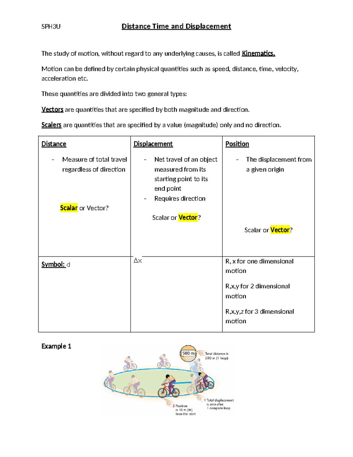 SPH3U Unit 1 - Distance, Time & Displacement Worksheet Activities - Studocu
