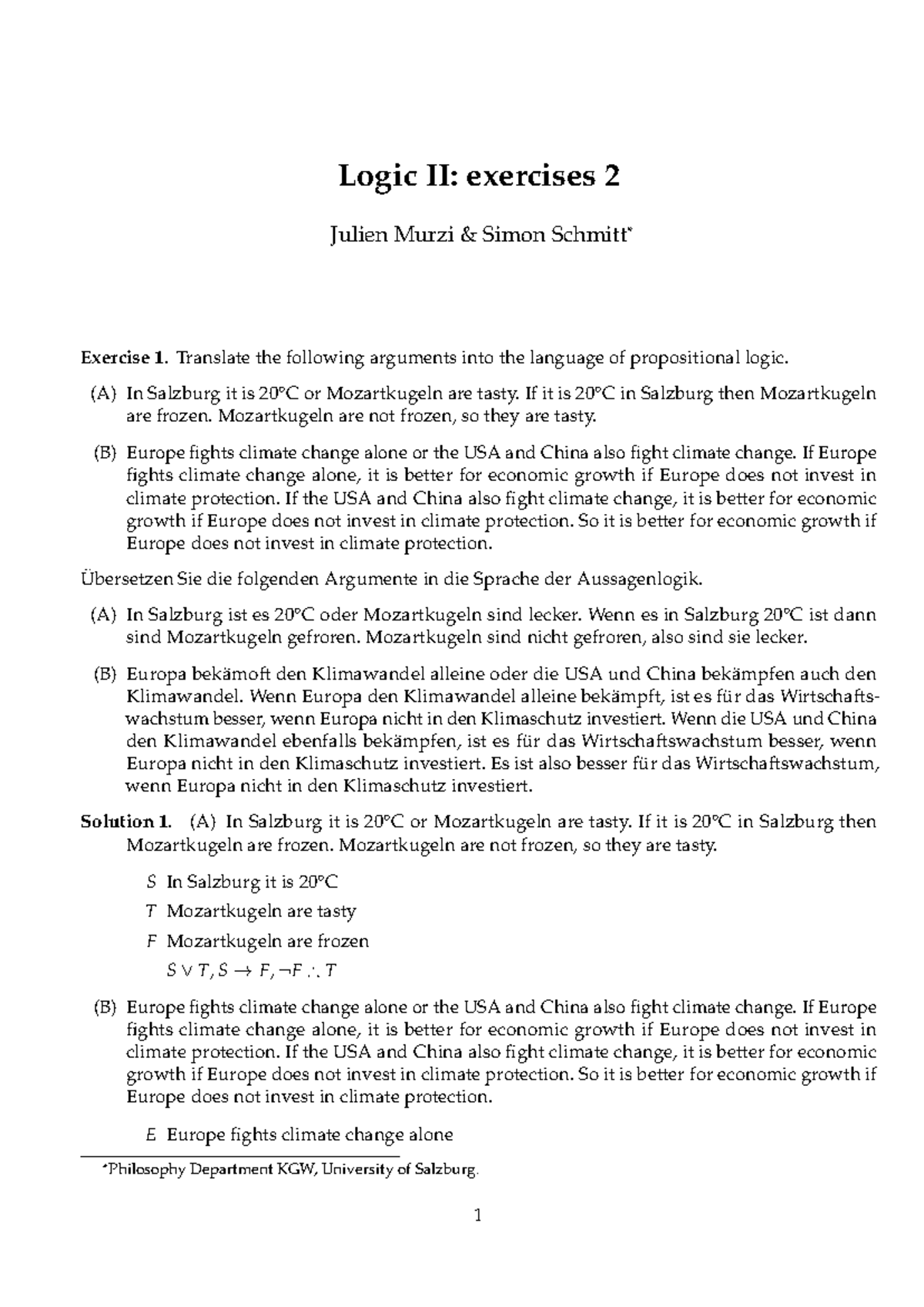 Logic II: Exercises and Solutions for Propositional and Predicate Logic - Studocu